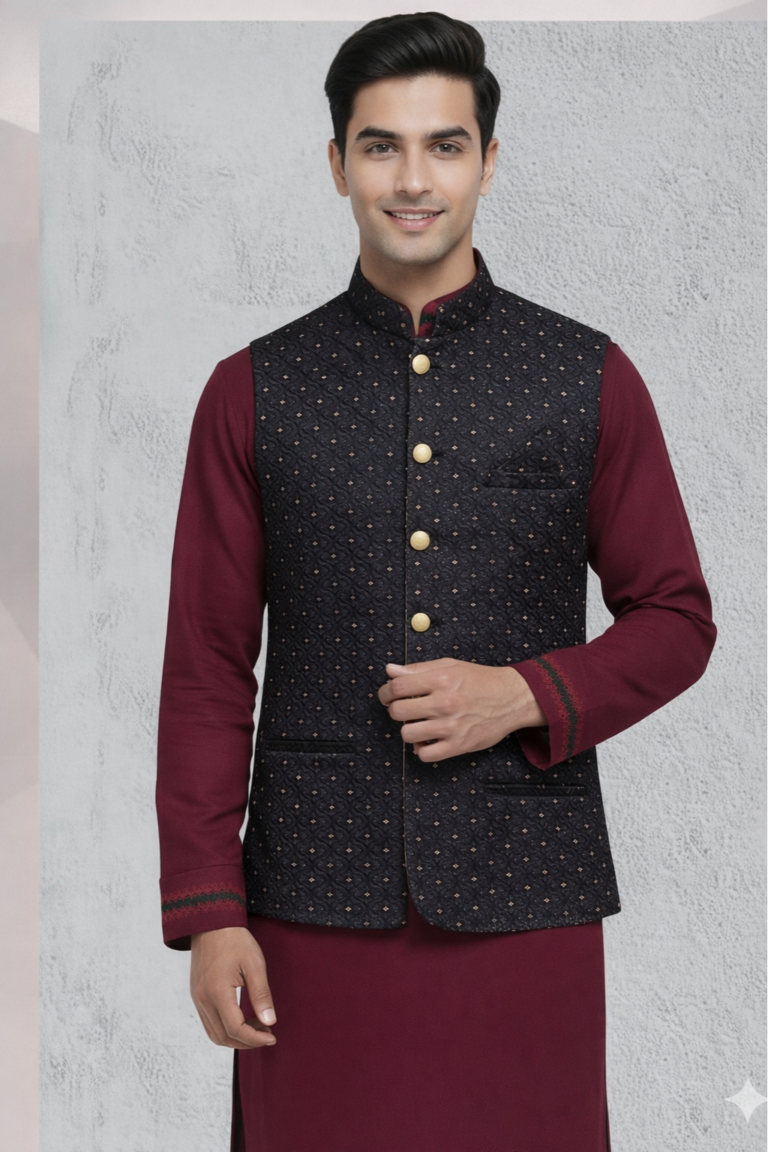 Maroon Panjabi and Black Koti Set for a Timeless Look(Maroon & Black ...